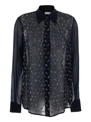 Dries Van Noten Blue Shirt With Pointed Collar And All-over Crystal Application In Viscose - Multicolor