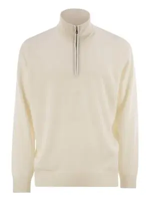 Brunello Cucinelli High-necked Cashmere Sweater With Zip Opening - Cream