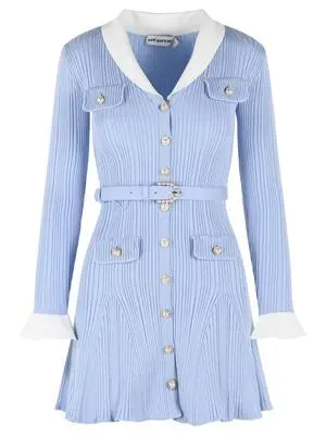 SELF-PORTRAIT Ribbed Viscose Blend Mini Dress - Blue
