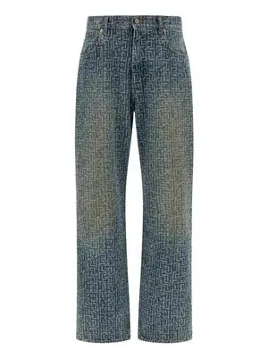 Balmain Monogram Print Denim Jeans - Blue