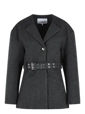 GANNI Peacoat' Grey Wool Blend Coat - Gray