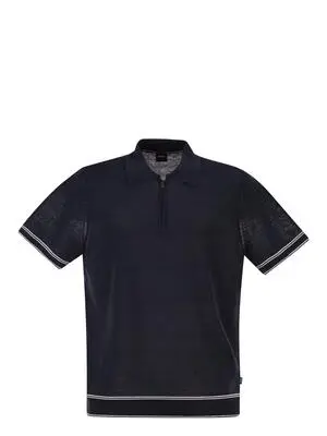 BOSS Linen And Viscose Polo Shirt With Zip And Contrast Trims - Blue