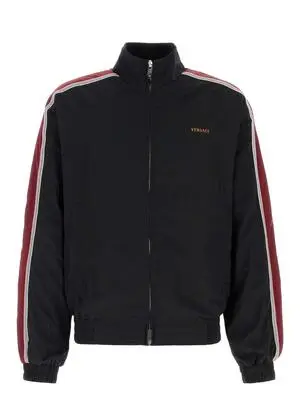 Versace Logo Embroidered Stand Collar Zip Up Bomber Jacket - Black