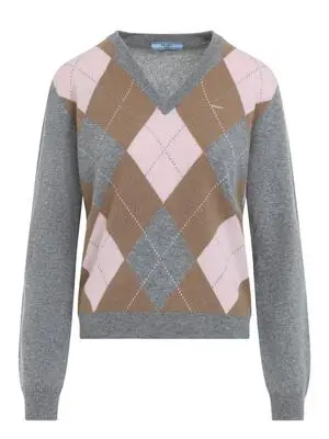 Prada Argyle V-neck Sweater - Gray