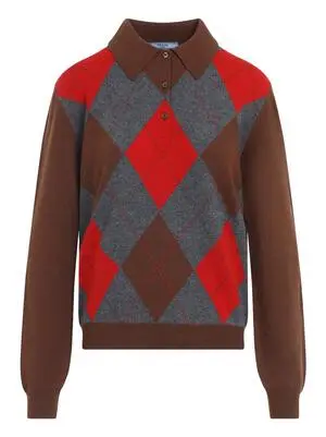 Prada Cashmere Argyle Knit Polo Sweater - Brown