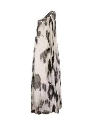 Max Mara Printed Pleated One-shoulder Long Dress - White