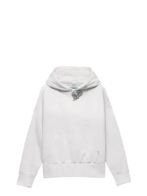 Prada Cotton Fleece Distressed Hoodie With Jewel Brooch - Gray