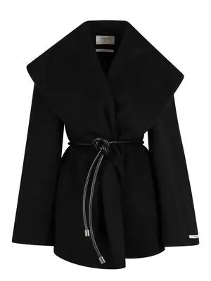 Sportmax Wraparound Wool Cape With Leather Belt - Black