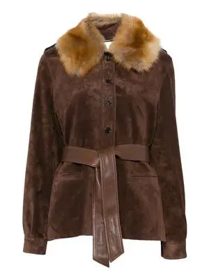 Saint Laurent Calf Suede Fur Trimmed Belted Jacket - Brown