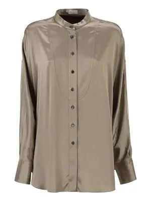 BRUNELLO CUCINELLI Brunello Cucinelli Women Stretch Silk Satin Mandarin Collar Shirt With Necklace