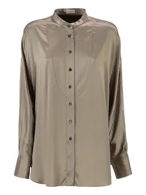 BRUNELLO CUCINELLI BRUNELLO CUCINELLI Stretch Silk Satin Mandarin Collar Shirt With Necklace