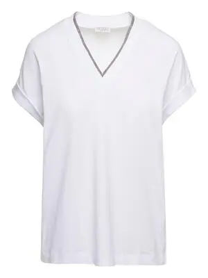 Brunello Cucinelli Brunello Cucinelli Women White V-Neck T-Shirt With  Monile Detail In Stretch Cotton Woman Brunello Cucinelli White