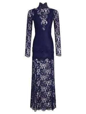 Rabanne Floral Lace Paneled High Neck Long Sleeves Evening Dress - Blue