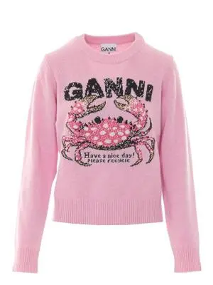 GANNI Logo Wool Sweater With Crab Print - Pink