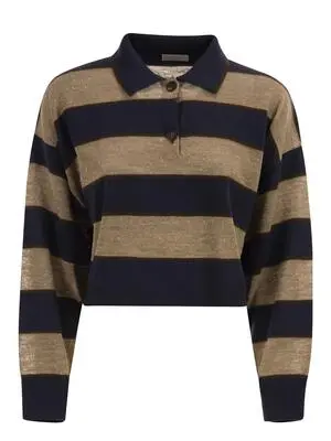 Brunello Cucinelli Sparkling Stripes Cropped Polo Shirt In Virgin Wool, Cashmere And Linen Knit - Multicolor