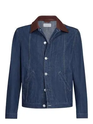 Brunello Cucinelli Lightweight Denim Jacket With Leather Collar - Blue