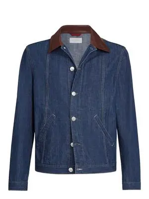 Brunello Cucinelli Lightweight Denim Jacket With Leather Collar - Blue