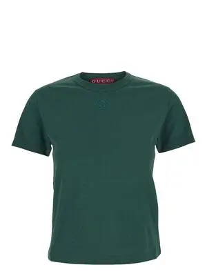 Gucci Green Crewneck T-shirt With Double G Embroidery On The Front In Fabric - Multicolor