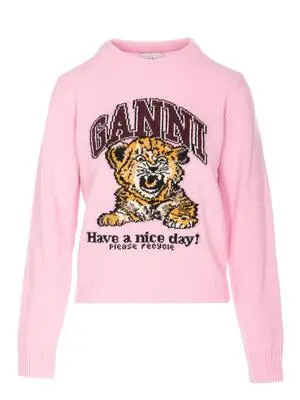 GANNI Logo Wool Jumper With Tiger Print - Pink