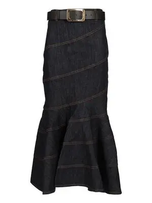 SELF-PORTRAIT SELF-PORTRAIT Belted Denim Midi Skirt Blue