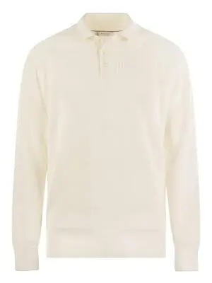 Brunello Cucinelli Cotton Rib Knit Polo Shirt With Long Raglan Sleeve - Cream