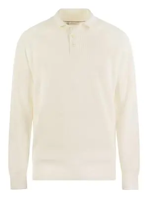 Brunello Cucinelli Cotton Rib Knit Polo Shirt With Long Raglan Sleeve - Cream