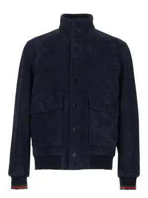Gucci High Collar Suede Jacket With Web Detail - Multicolor