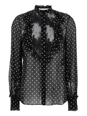 Valentino Garavani Black Crewneck Shirt With Floral Embroidery And All-over Polka Dots Motif In Silk - Multicolor