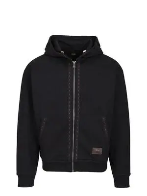 Fendi Cotton Hoodie With Selleria Leather Stitching - Blue