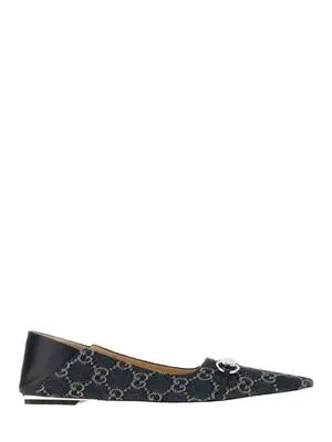 Gucci Vittoria Tapered Toe Gg Jacquard Denim Ballet Flats With Horsebit Detail - Blue