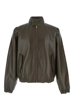 Bottega Veneta Green Jacket With High Collar With Intreccio Motif In Leather For - Multicolor