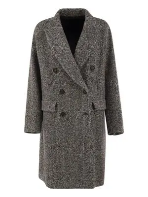 Brunello Cucinelli Double-breasted Herringbone Wool Coat With Sequins - Black