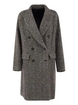 Brunello Cucinelli Double-breasted Herringbone Wool Coat With Sequins - Black
