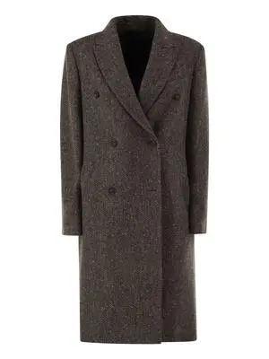 Brunello Cucinelli Double-breasted Herringbone Tweed Coat With Sequins - Brown