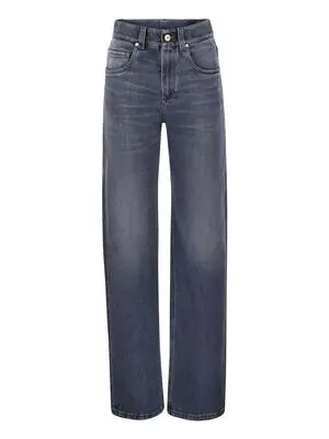 Brunello Cucinelli Contemporary Loose Trousers In Comfort Cotton Denim With Jewellery - Blue