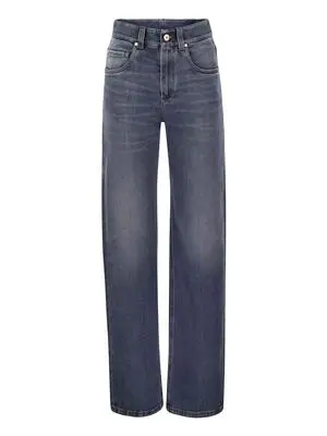 Brunello Cucinelli BRUNELLO CUCINELLI Contemporary Loose Trousers In Comfort Cotton Denim With Jewellery Blue