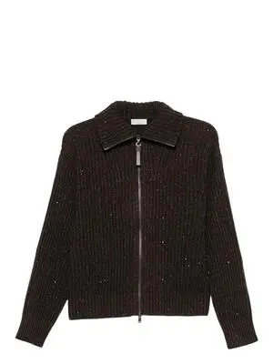 Brunello Cucinelli Ribbed Knit Sequin Embellished Zip Up Cardigan - Brown