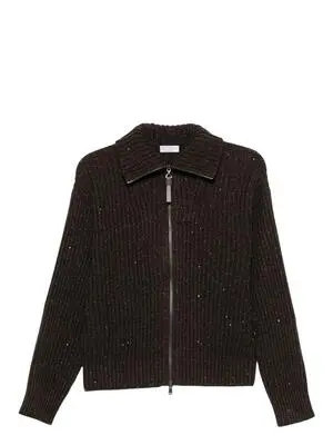 Brunello Cucinelli Ribbed Knit Sequin Embellished Zip Up Cardigan - Brown