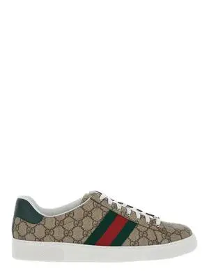 Gucci Ace' Beige And Ebony Low Top Sneakers With Web Detail In Gg Supreme Canvas - Multicolor