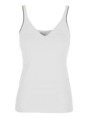 Brunello Cucinelli Top With V-neck And Monile Details On The Edges In Cotton For - White