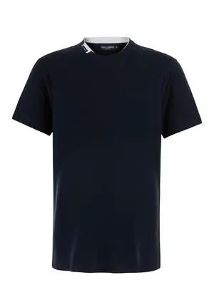 Dolce & Gabbana Blue Crew Neck T-shirt With Logo Patch On The Neck In Cotton For - Multicolor