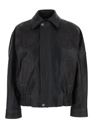 GOLDEN GOOSE Journey' Brown Jacket With Classic Collar And All-over Floral Embroidery In Leather For - Multicolor