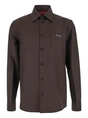 Gucci Brown Shirt With Classic Collar And Horsebit On The Front In Cotton Blend And Fabric - Multicolor