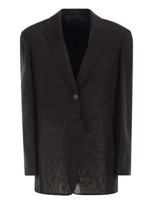 Brunello Cucinelli Single-breasted Viscose And Linen Jacket With Transparent Insert - Black