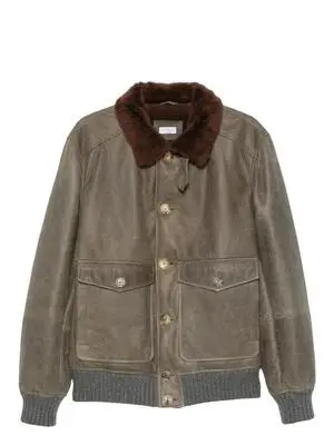 Brunello Cucinelli Shearling Trimmed Leather Jacket - Green