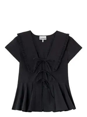 GANNI Ruffled Oversized Collar Front Tie Fastening Peplum Blouse - Black