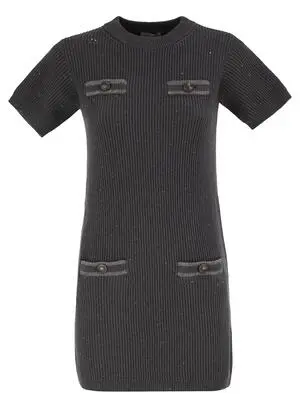 Brunello Cucinelli Ribbed Knit Dress With Sequins And Patch Pockets - Multicolor