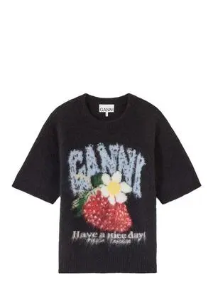 GANNI Short Sleeve Intarsia Knit Jumper - Black