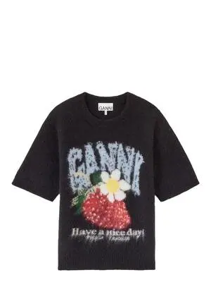 GANNI Short Sleeve Intarsia Knit Jumper - Black