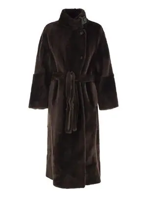 Brunello Cucinelli Long Shearling Coat With Belt - Brown